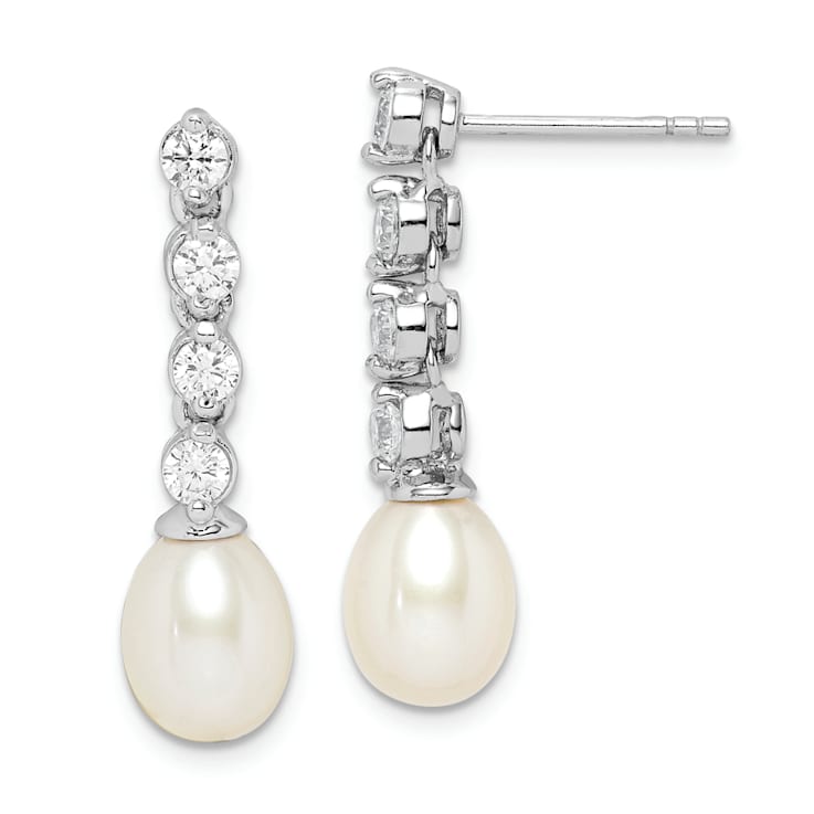 Rhodium Over Sterling Silver 7 8mm White Rice Freshwater Cultured Pearl Cubic Zirconia Earrings 15Z3JA