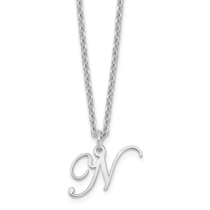 Rhodium Over Sterling Silver Letter N Initial Necklace