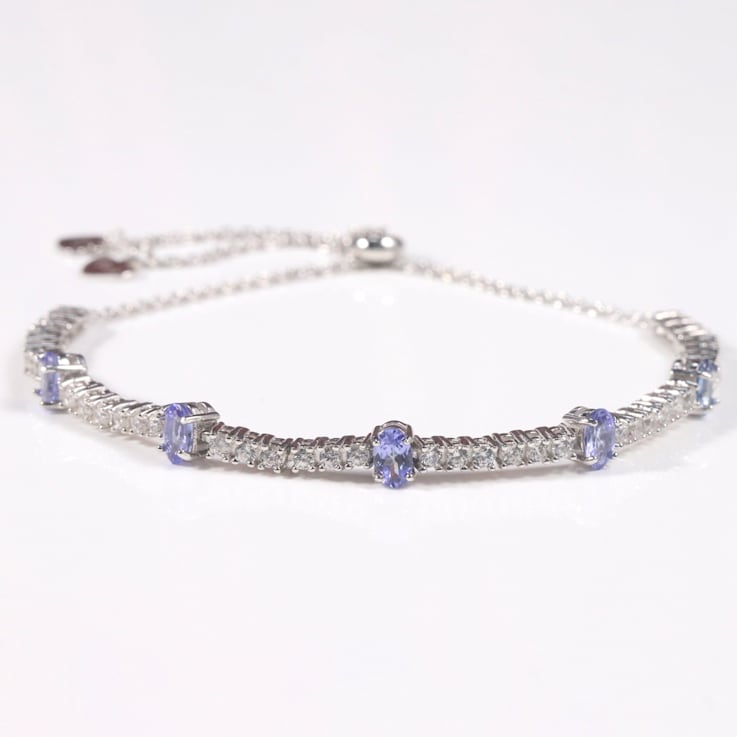 Rhodium Over Sterling Silver Oval Tanzanite and White Zircon Bolo Bracelet 1.1ctw
