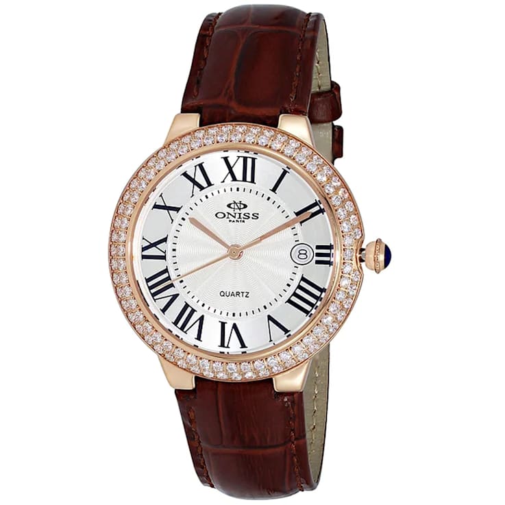 Oniss Women's Glam Collection Rose Bezel, Brown Leather Strap Watch ...