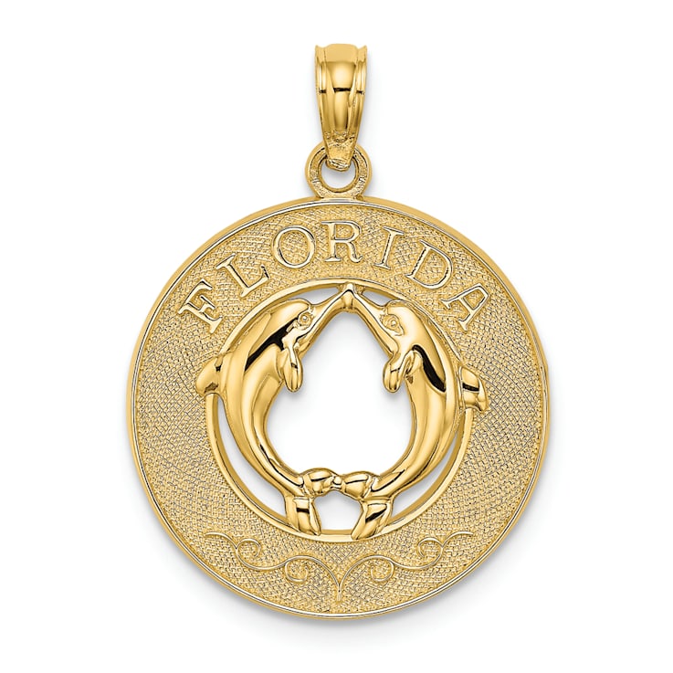 14k Yellow Gold Textured FLORIDA with Dolphins Circle Charm - 15LPVA