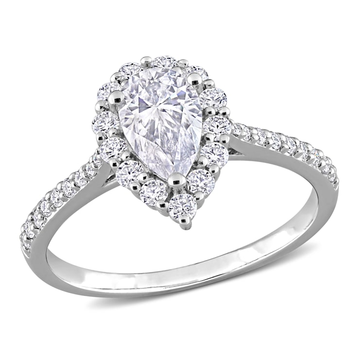 1 3 8 CT DEW Created Moissanite Teardrop Halo Engagement Ring in Sterling Silver 14QY6A