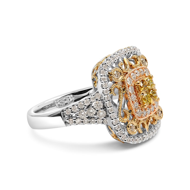 14K Tri-Toned Gold 1.00ctw Yellow Diamond Halo and Milgrain Cocktail ...