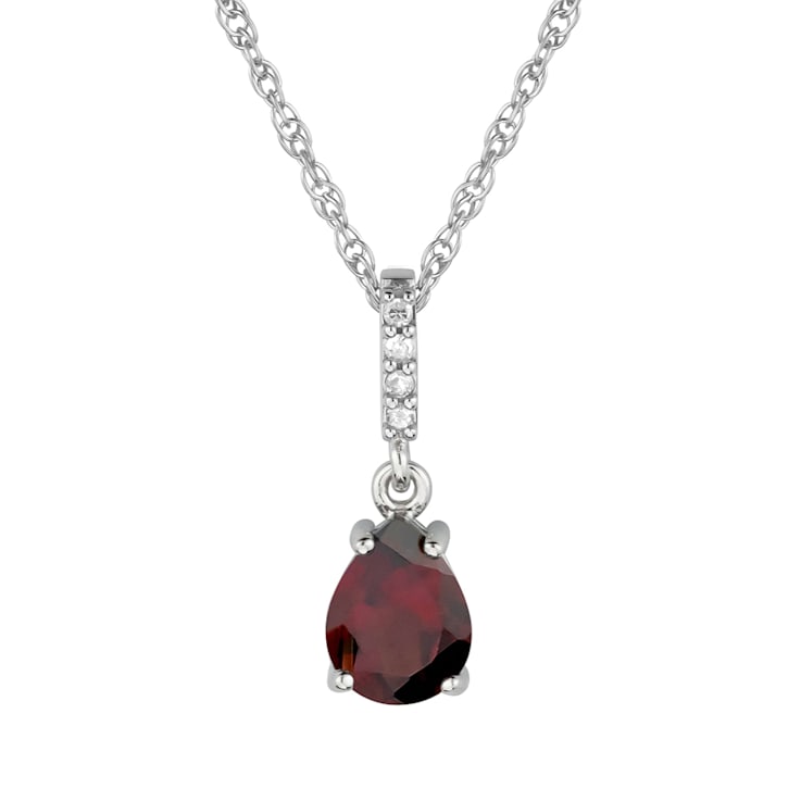 10k White Gold Genuine Pear Shape Garnet And Diamond Drop Pendant With
