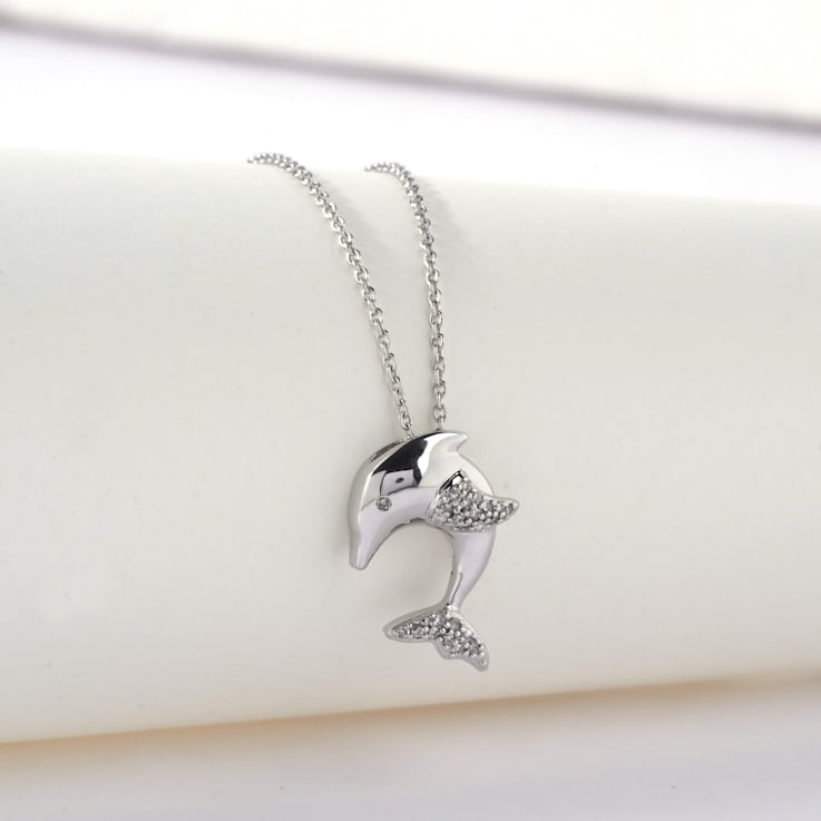 Sterling Silver Diamond Dolphin Pendant Necklace .10ctw