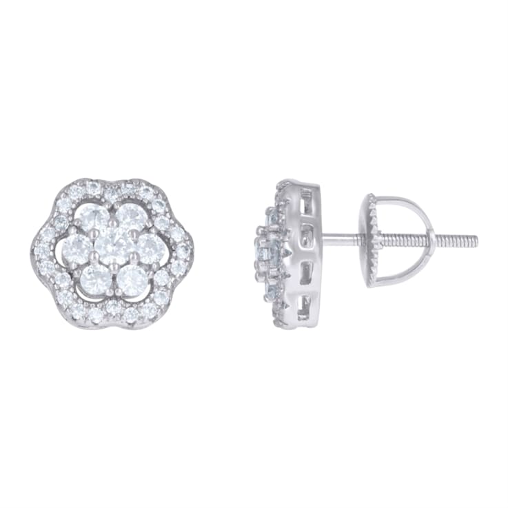 Diamond2Deal 925 Sterling Silver Cubic Zirconia Flower Stud Earrings for Men