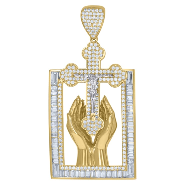 Diamond2Deal 10k Two-Tone Gold Cubic-Zirconia Praying Hands Crucifix ...