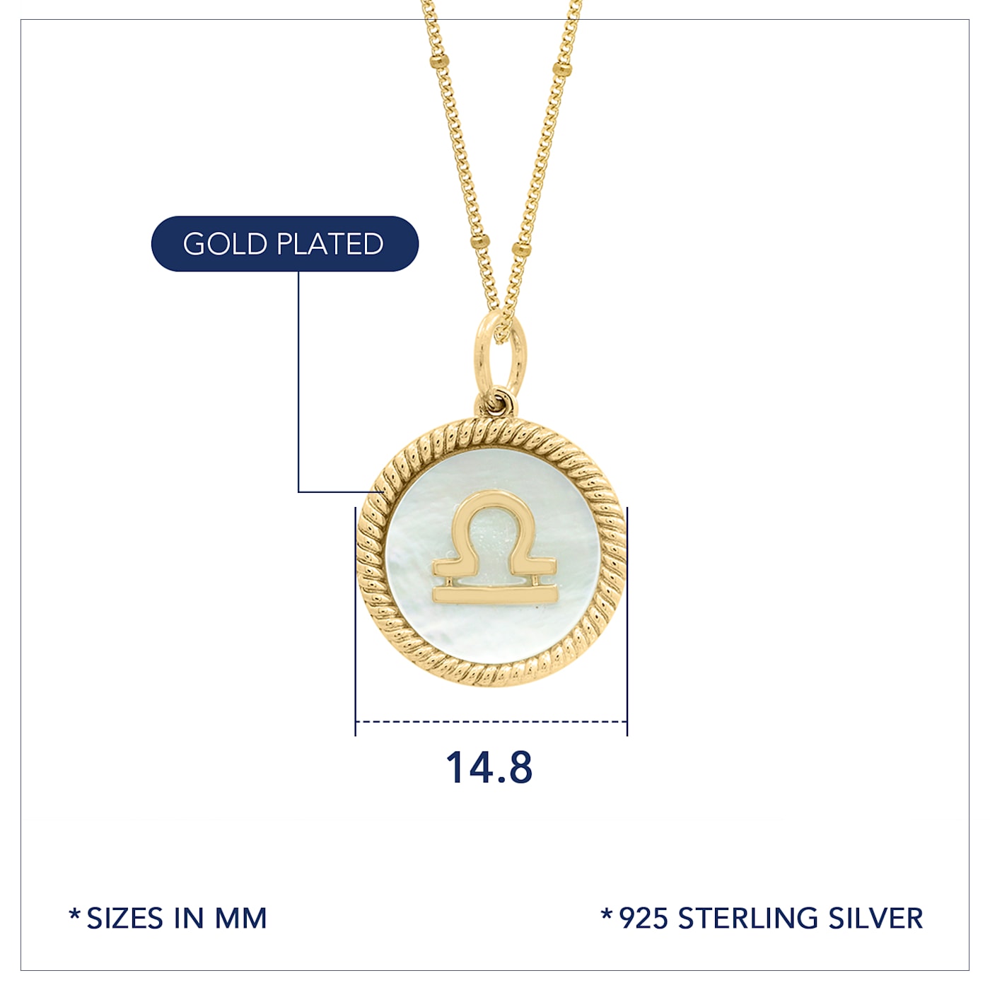 J ADMIRE Mother of Pearl 14K Yellow Gold Over Sterling Silver Libra Zodiac Necklace 16R3KF